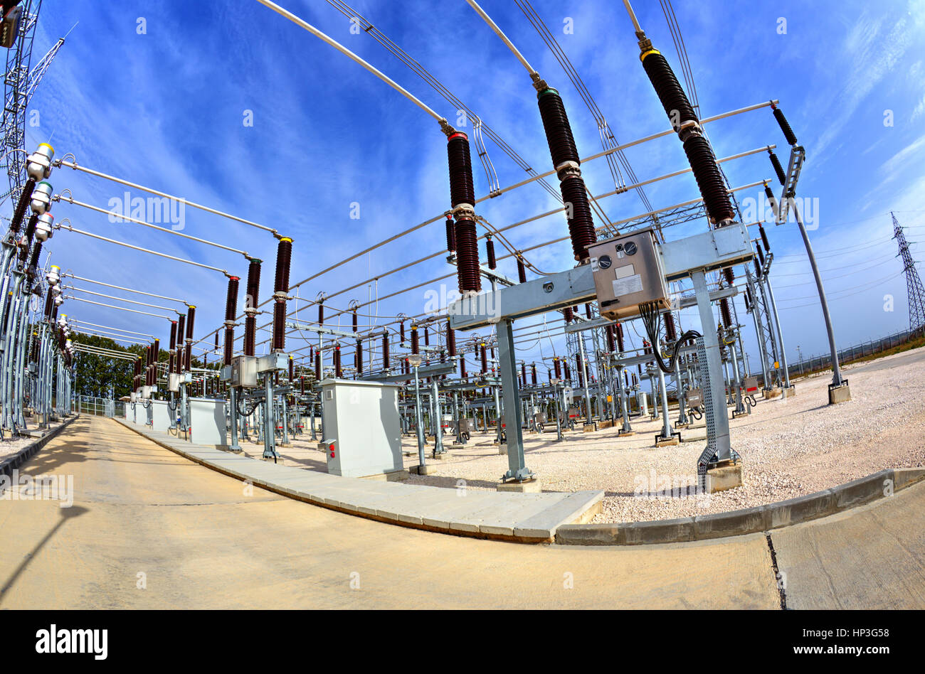 High voltage switchyard in electrical substation in fisheye perspective ...
