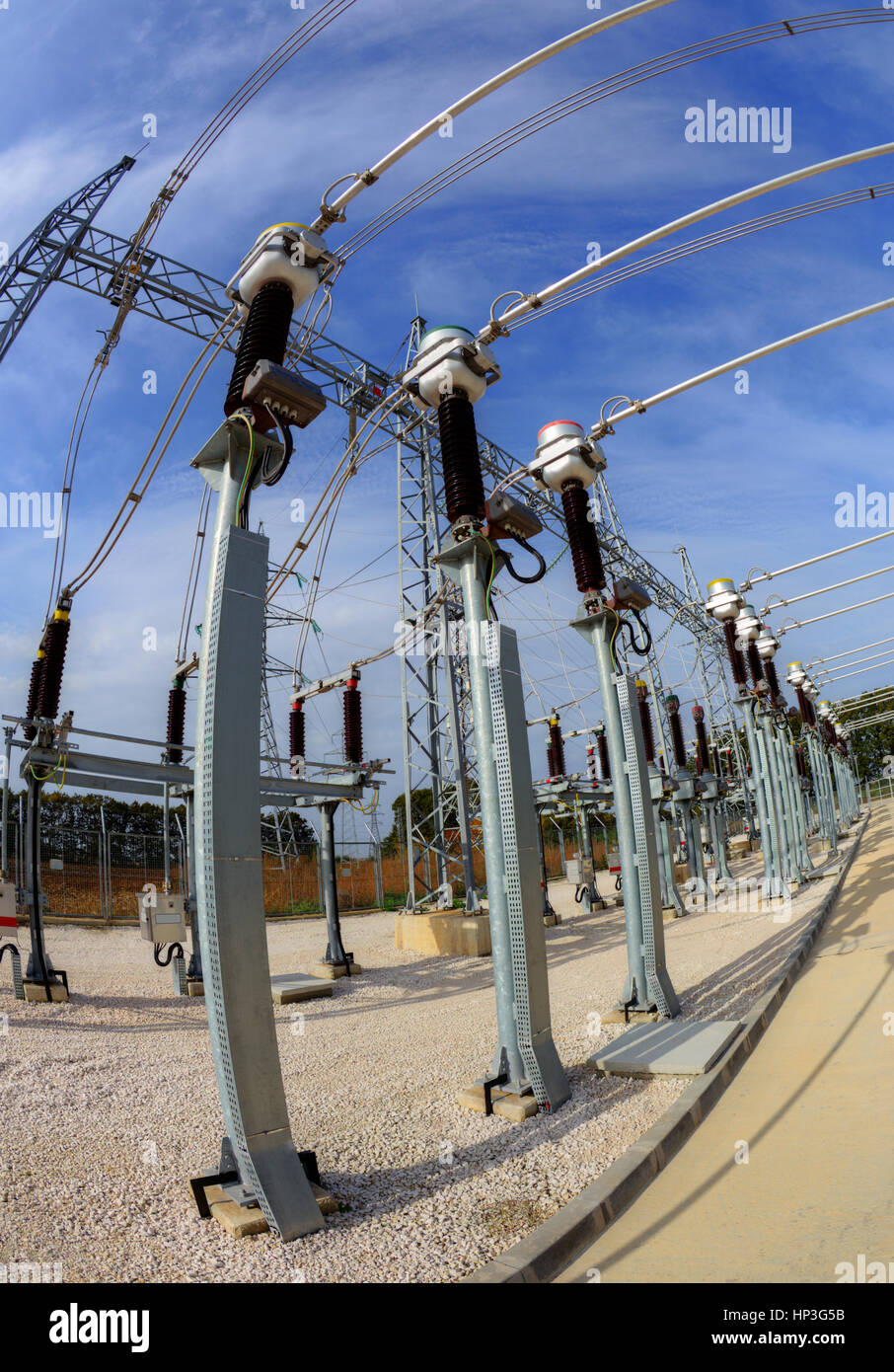 High voltage switchyard in electrical substation in fisheye perspective ...