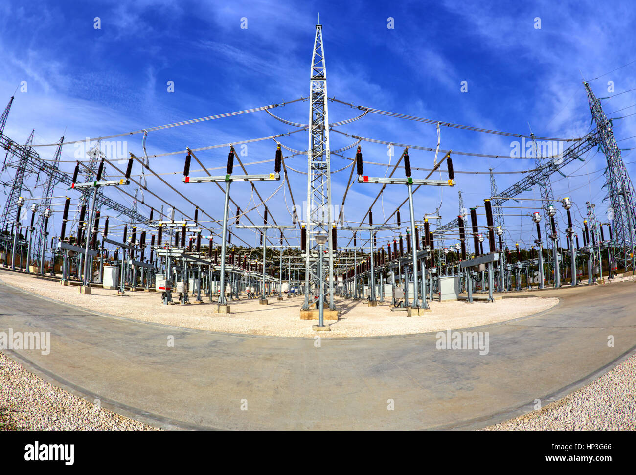 High voltage switchyard in electrical substation in fisheye perspective ...