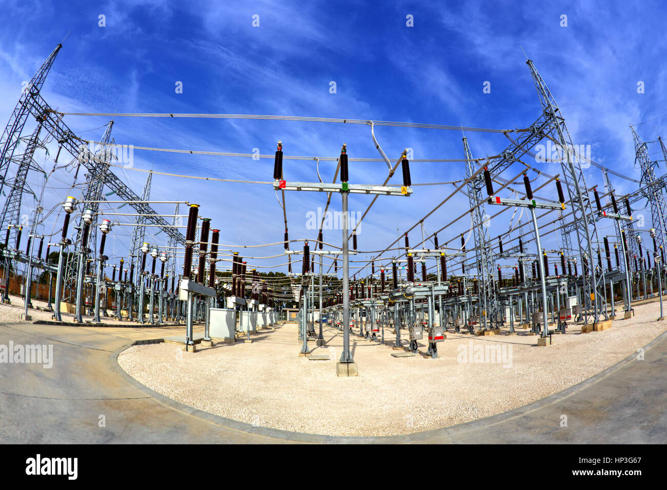 High voltage switchyard in electrical substation in fisheye perspective ...