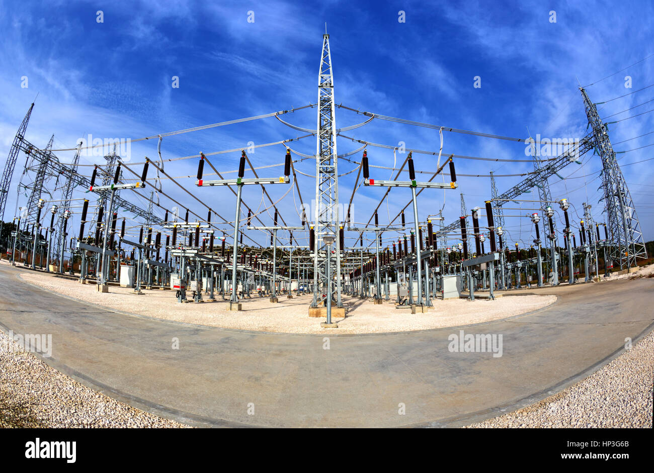 High voltage switchyard in electrical substation in fisheye perspective ...