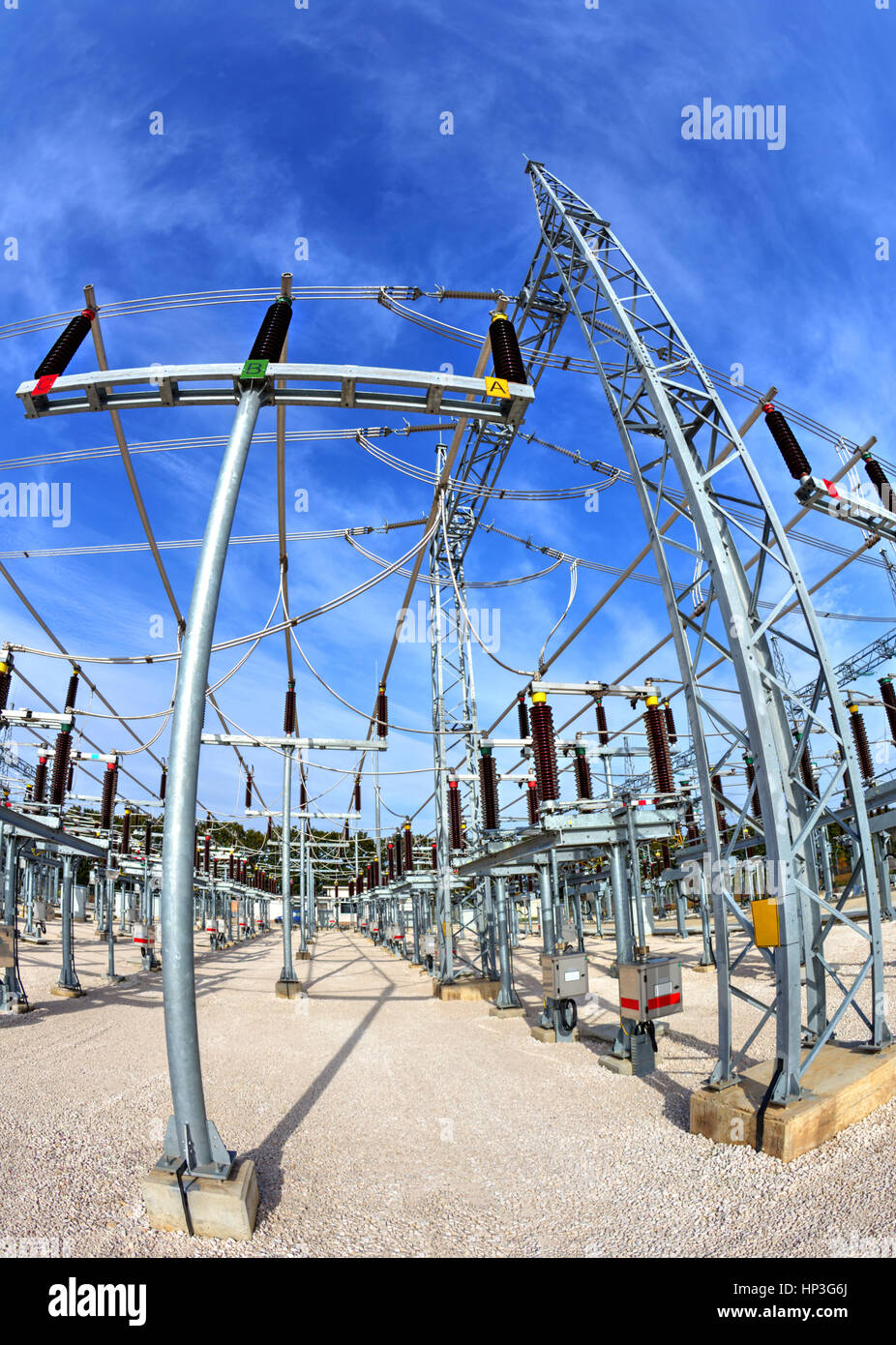 High voltage switchyard in electrical substation in fisheye perspective ...
