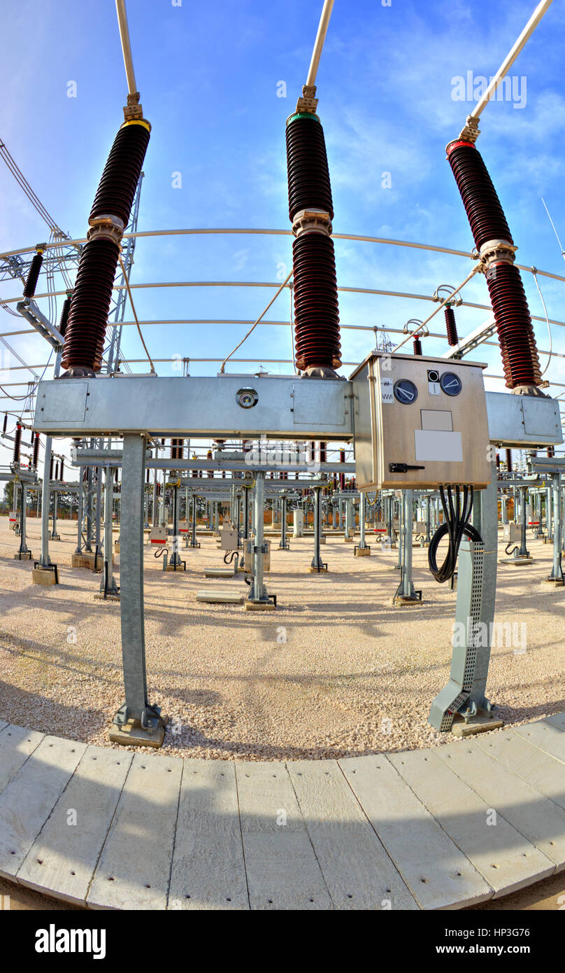 High voltage switchyard in electrical substation in fisheye perspective ...