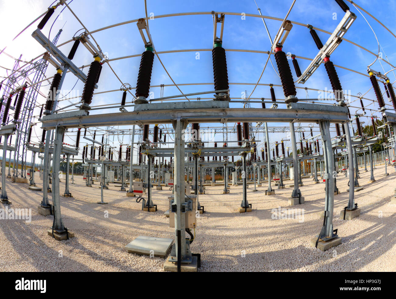 High voltage switchyard in electrical substation in fisheye perspective ...