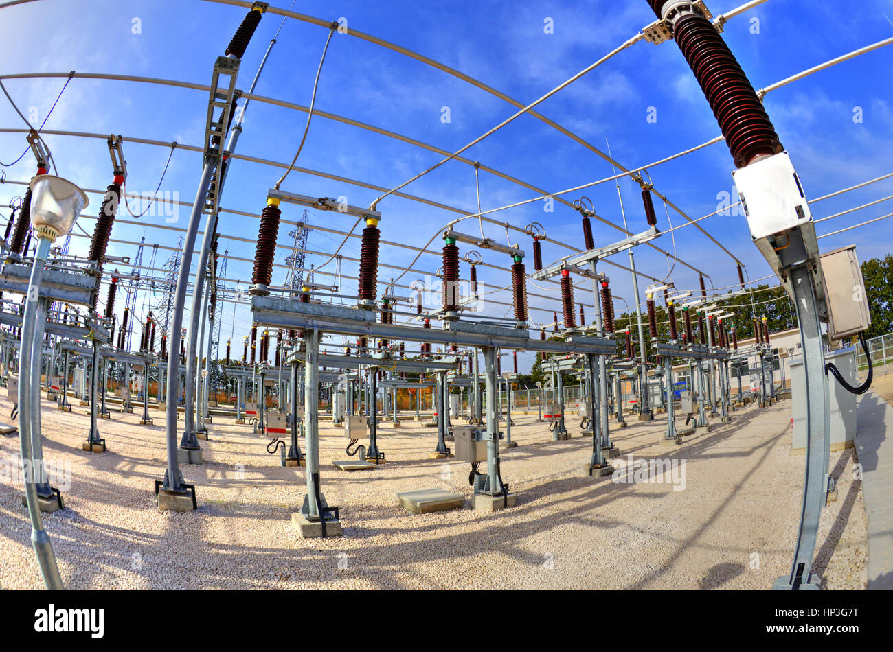 High voltage switchyard in electrical substation in fisheye perspective ...