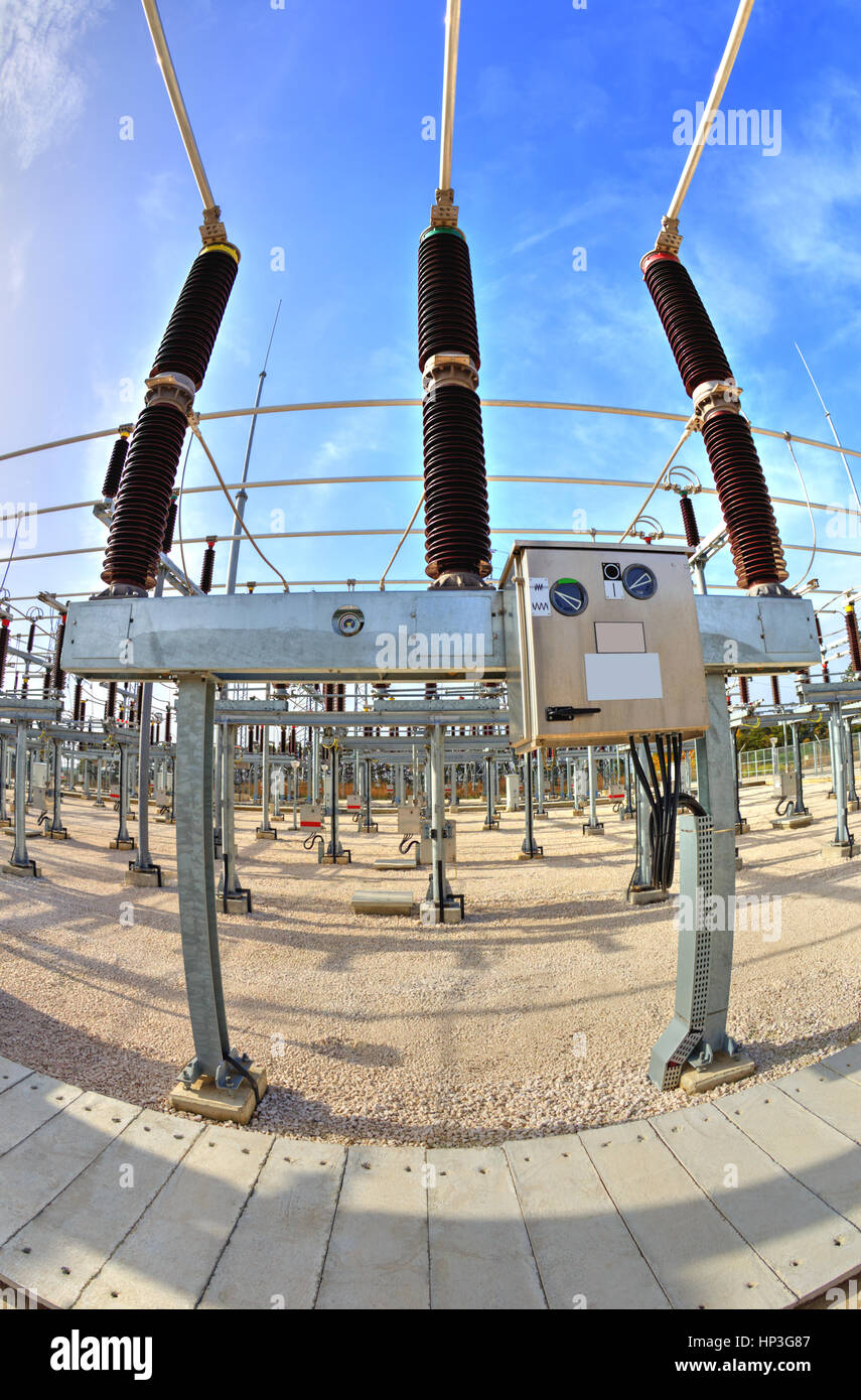 High voltage switchyard in electrical substation in fisheye perspective ...