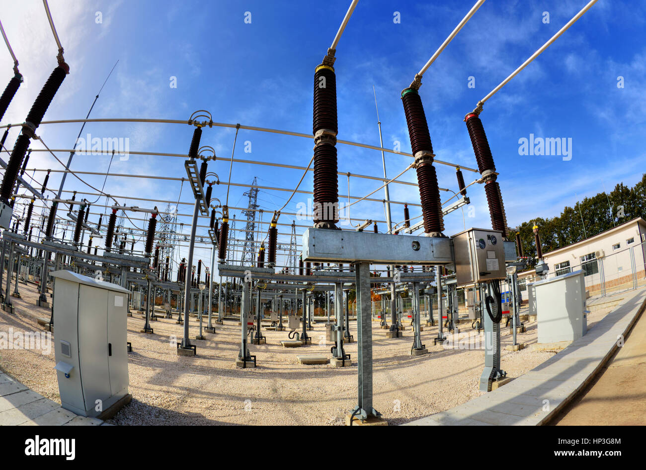 High voltage switchyard in electrical substation in fisheye perspective ...