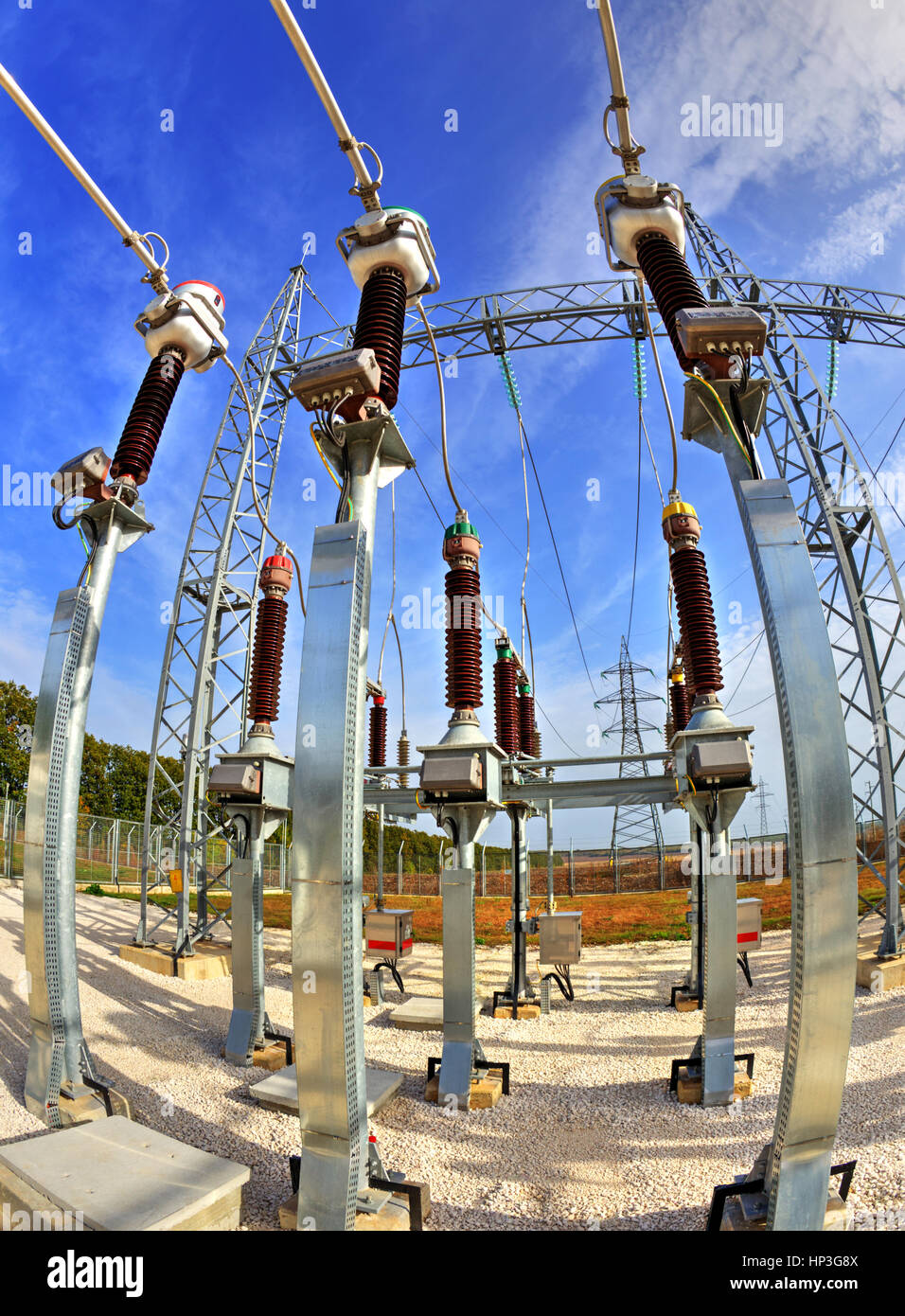 High voltage switchyard in electrical substation in fisheye perspective ...