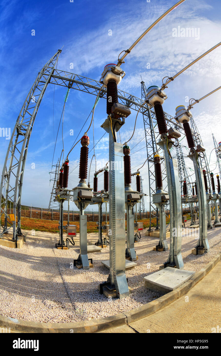 High voltage switchyard in electrical substation in fisheye perspective ...