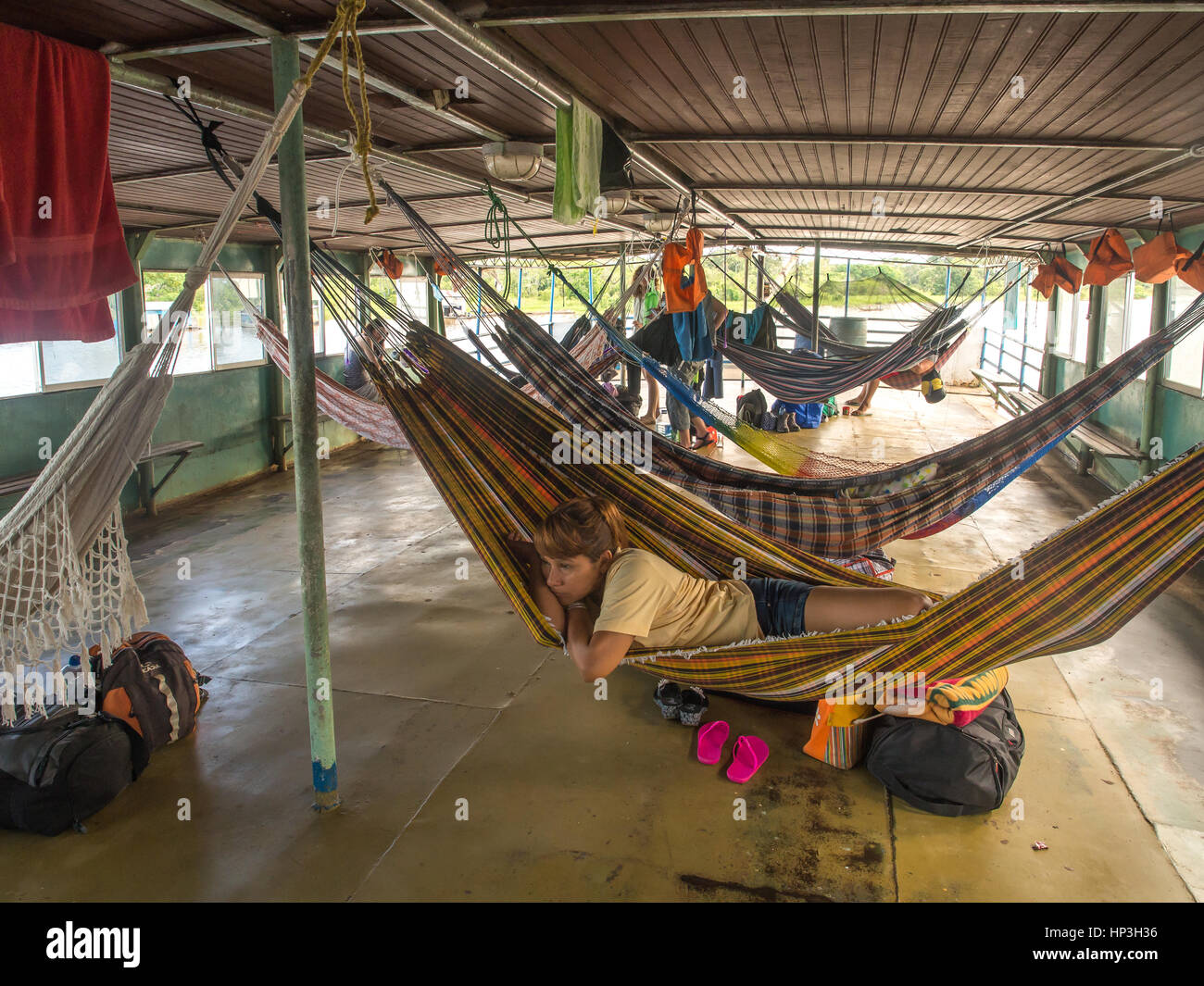 Amazon River, Peru - May 12, 2016: Beautiful, colorful hammocks on the ...