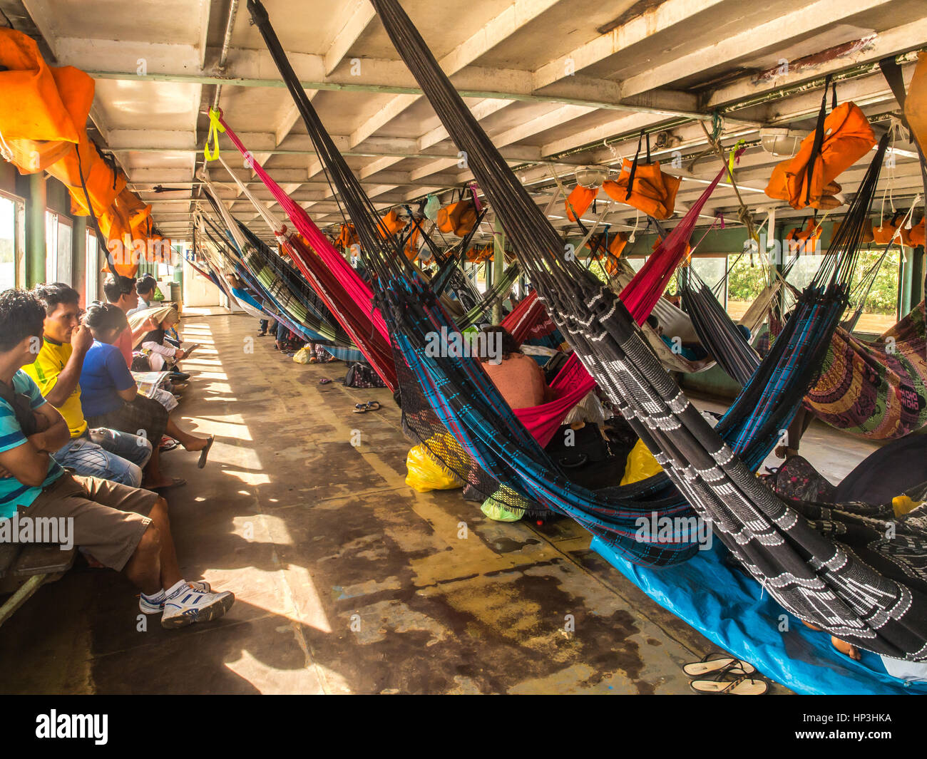 Amazon River, Peru - May 12, 2016: Beautiful, colorful hammocks on the ...