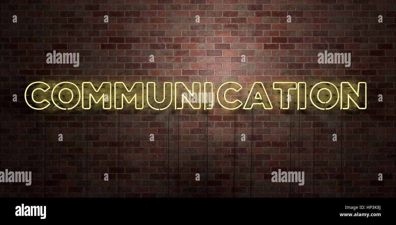 COMMUNICATION - fluorescent Neon tube Sign on brickwork - Front view ...