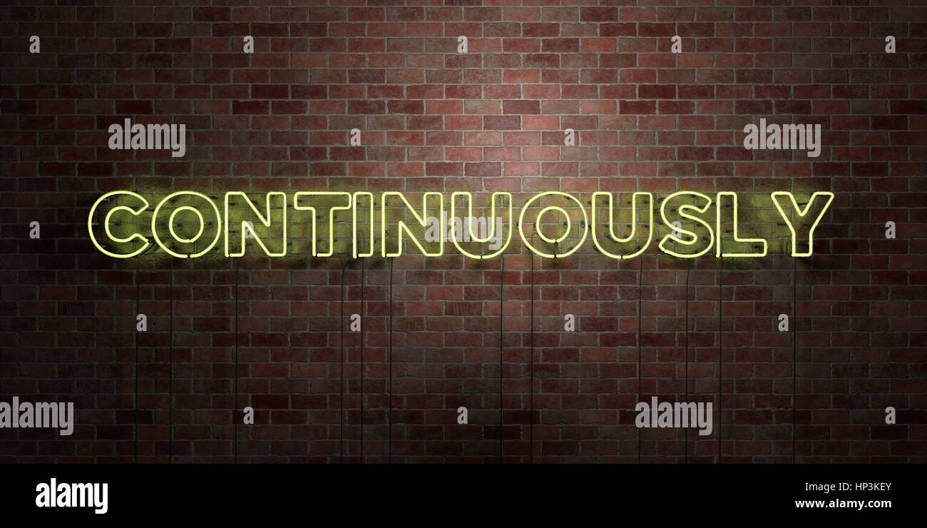 CONTINUOUSLY - fluorescent Neon tube Sign on brickwork - Front view ...