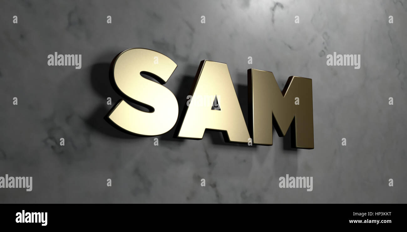 Sam - Gold sign mounted on glossy marble wall - 3D rendered royalty ...