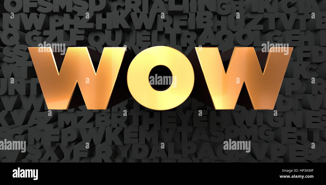 Wow - Gold text on black background - 3D rendered royalty free stock ...