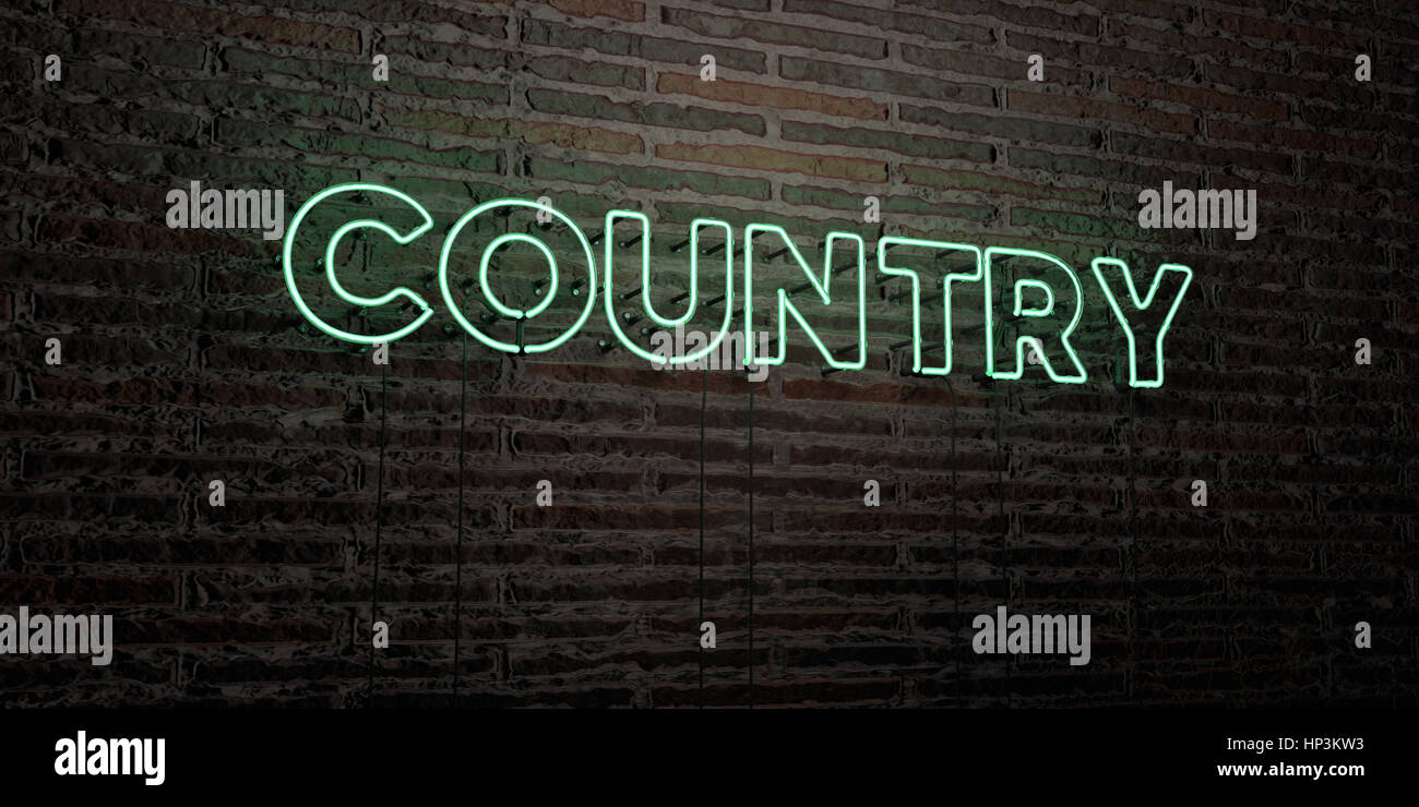 COUNTRY -Realistic Neon Sign on Brick Wall background - 3D rendered ...
