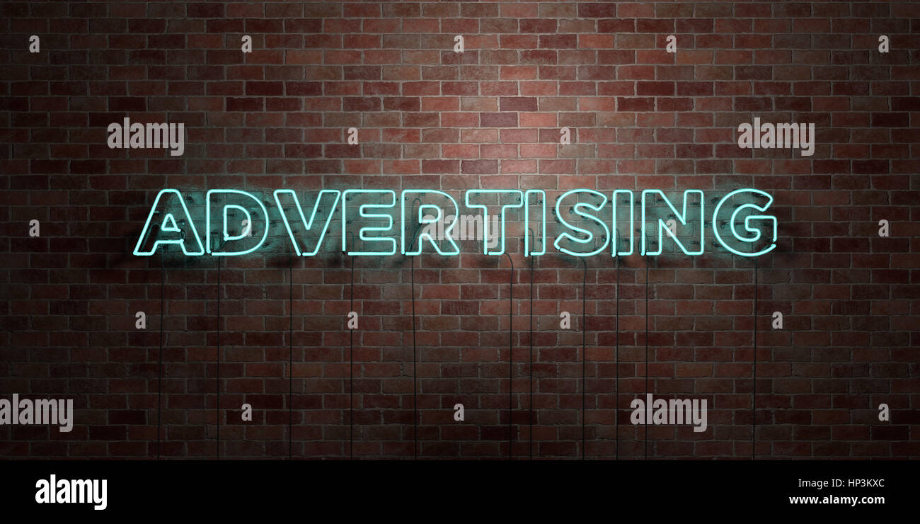 ADVERTISING - fluorescent Neon tube Sign on brickwork - Front view - 3D ...