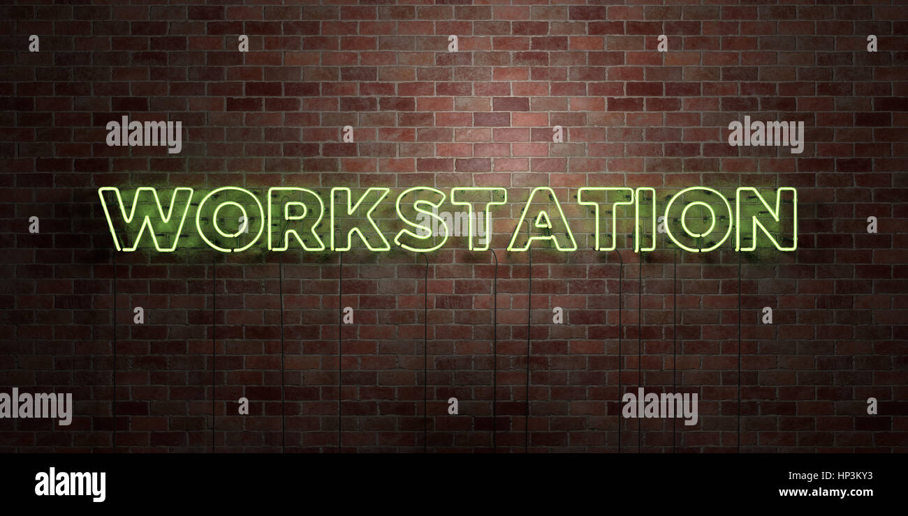 WORKSTATION - fluorescent Neon tube Sign on brickwork - Front view - 3D ...