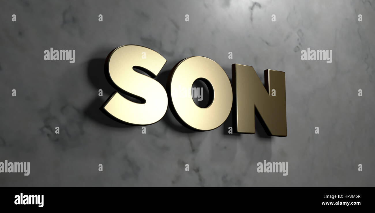 Son - Gold sign mounted on glossy marble wall - 3D rendered royalty ...