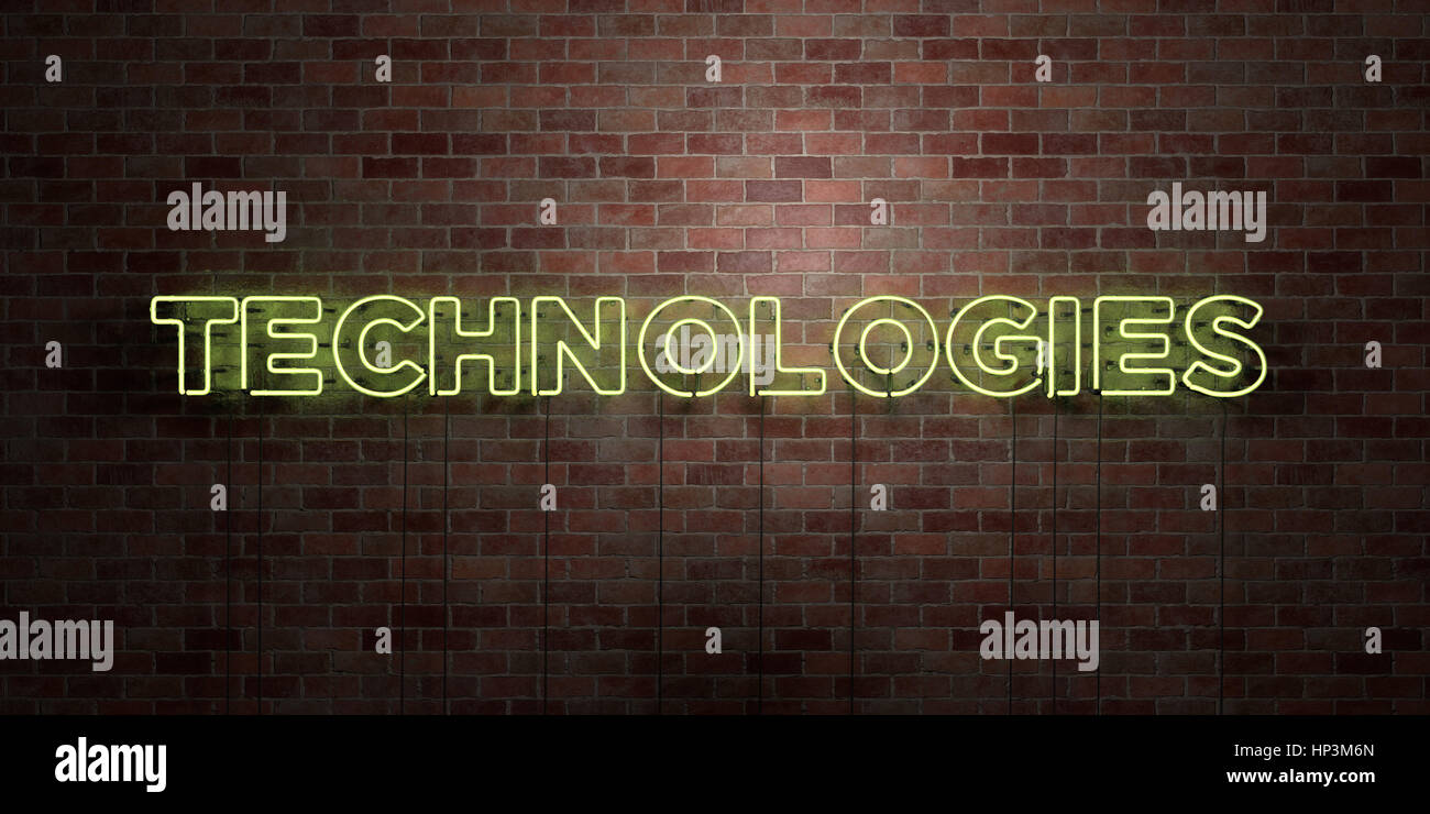 TECHNOLOGIES - fluorescent Neon tube Sign on brickwork - Front view ...