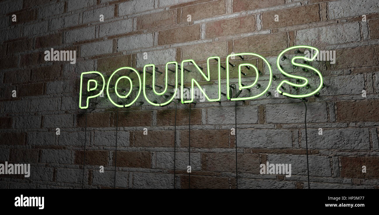 POUNDS - Glowing Neon Sign on stonework wall - 3D rendered royalty free ...