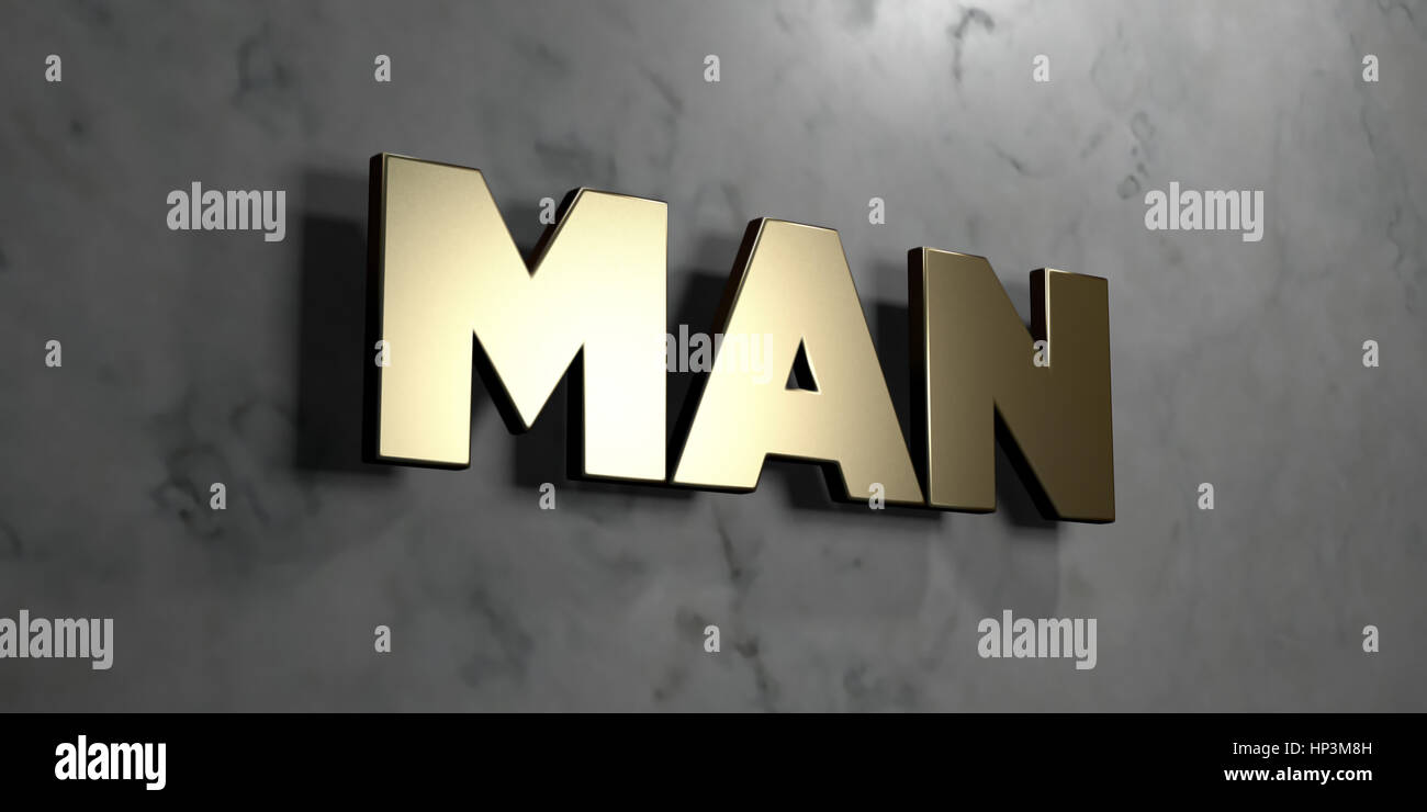 Man - Gold sign mounted on glossy marble wall - 3D rendered royalty ...