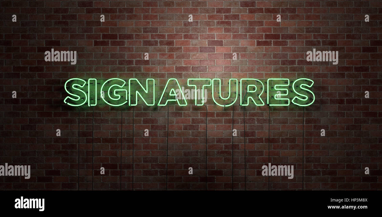 SIGNATURES - fluorescent Neon tube Sign on brickwork - Front view - 3D ...