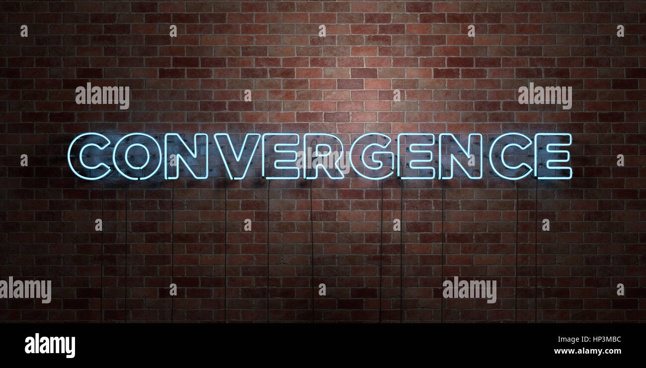 CONVERGENCE - fluorescent Neon tube Sign on brickwork - Front view - 3D ...
