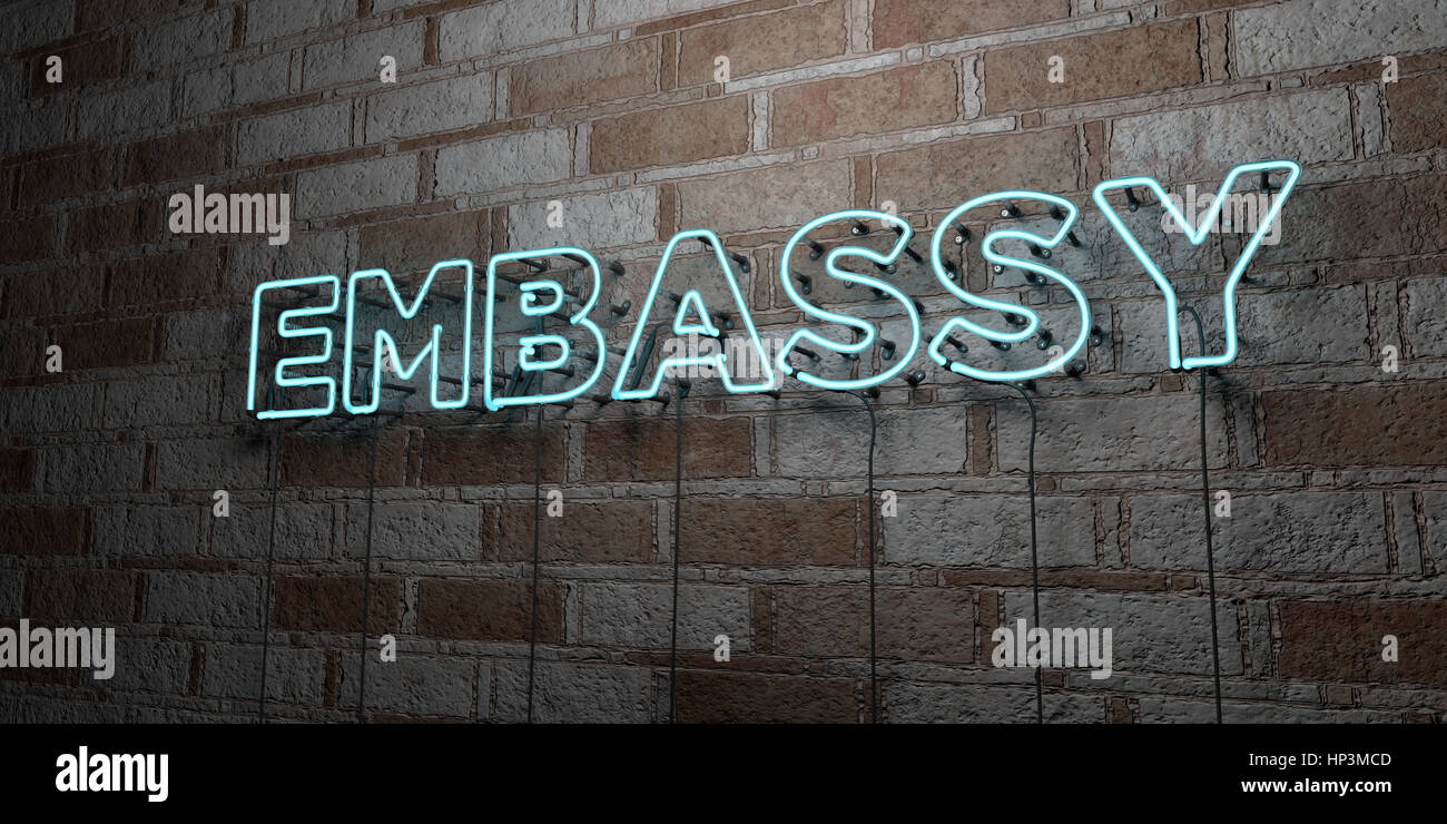 EMBASSY - Glowing Neon Sign on stonework wall - 3D rendered royalty ...
