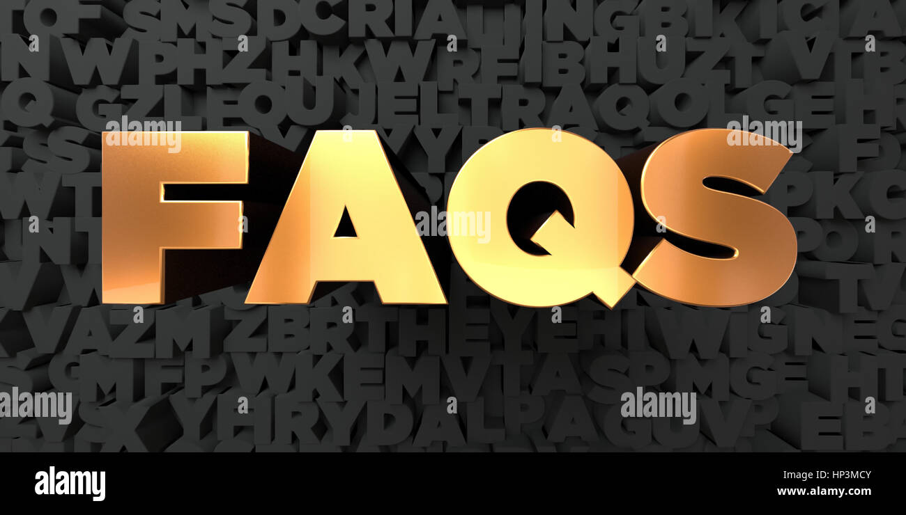 Faqs - Gold text on black background - 3D rendered royalty free stock ...