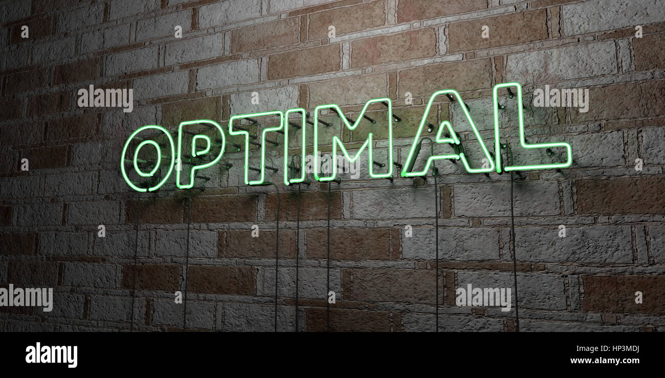 OPTIMAL - Glowing Neon Sign on stonework wall - 3D rendered royalty ...