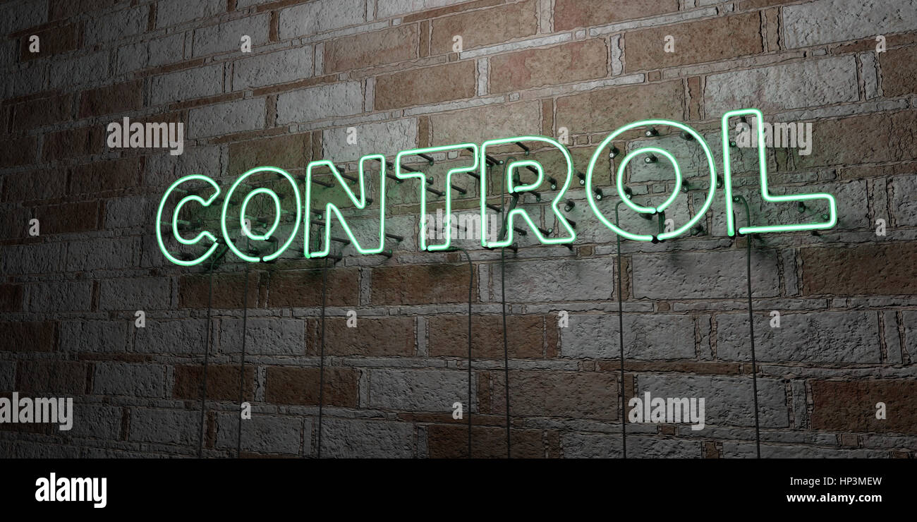 CONTROL - Glowing Neon Sign on stonework wall - 3D rendered royalty ...