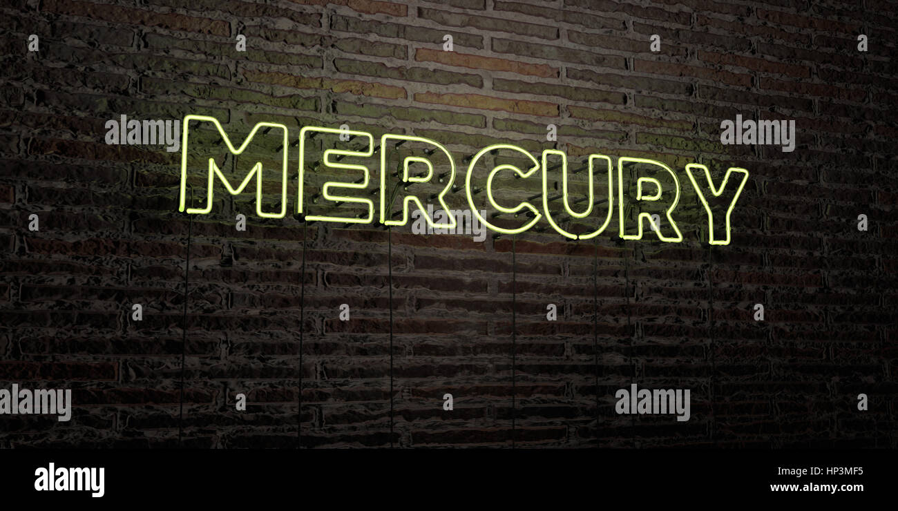 MERCURY -Realistic Neon Sign on Brick Wall background - 3D rendered ...