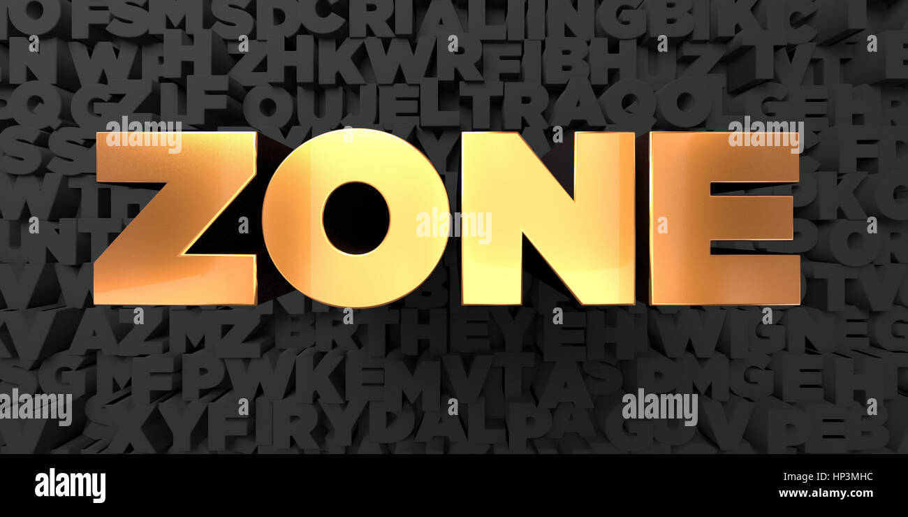 Zone - Gold text on black background - 3D rendered royalty free stock ...