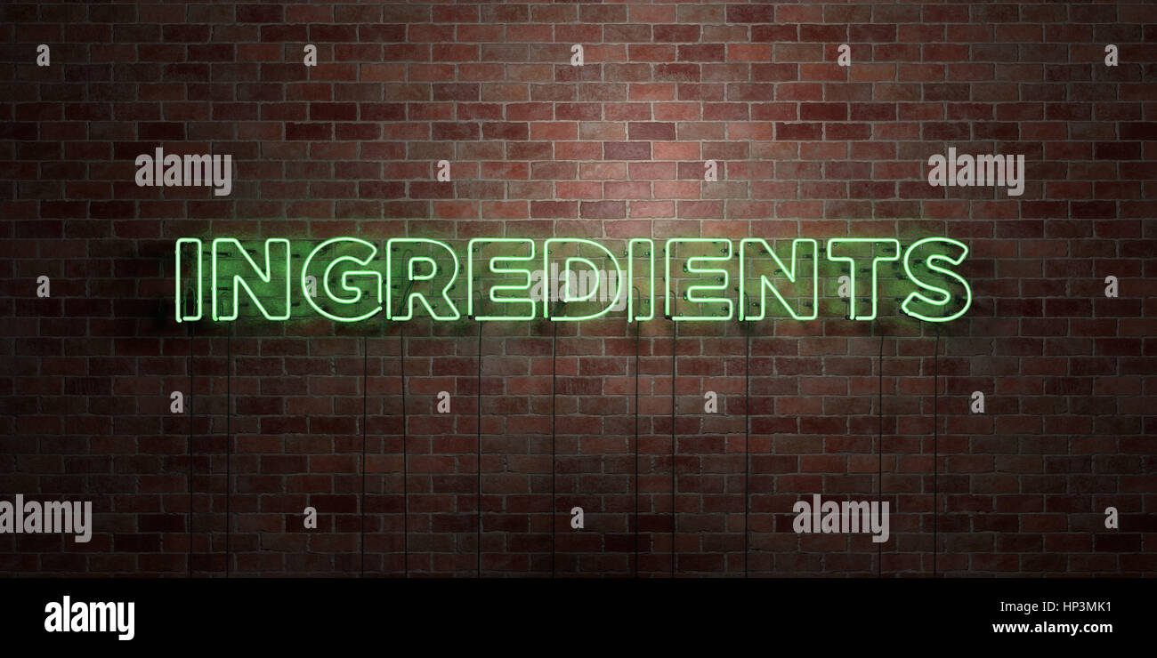 INGREDIENTS - fluorescent Neon tube Sign on brickwork - Front view - 3D ...