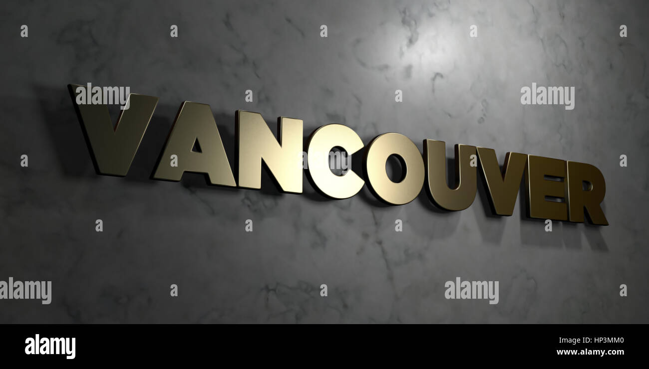 Vancouver - Gold sign mounted on glossy marble wall - 3D rendered ...