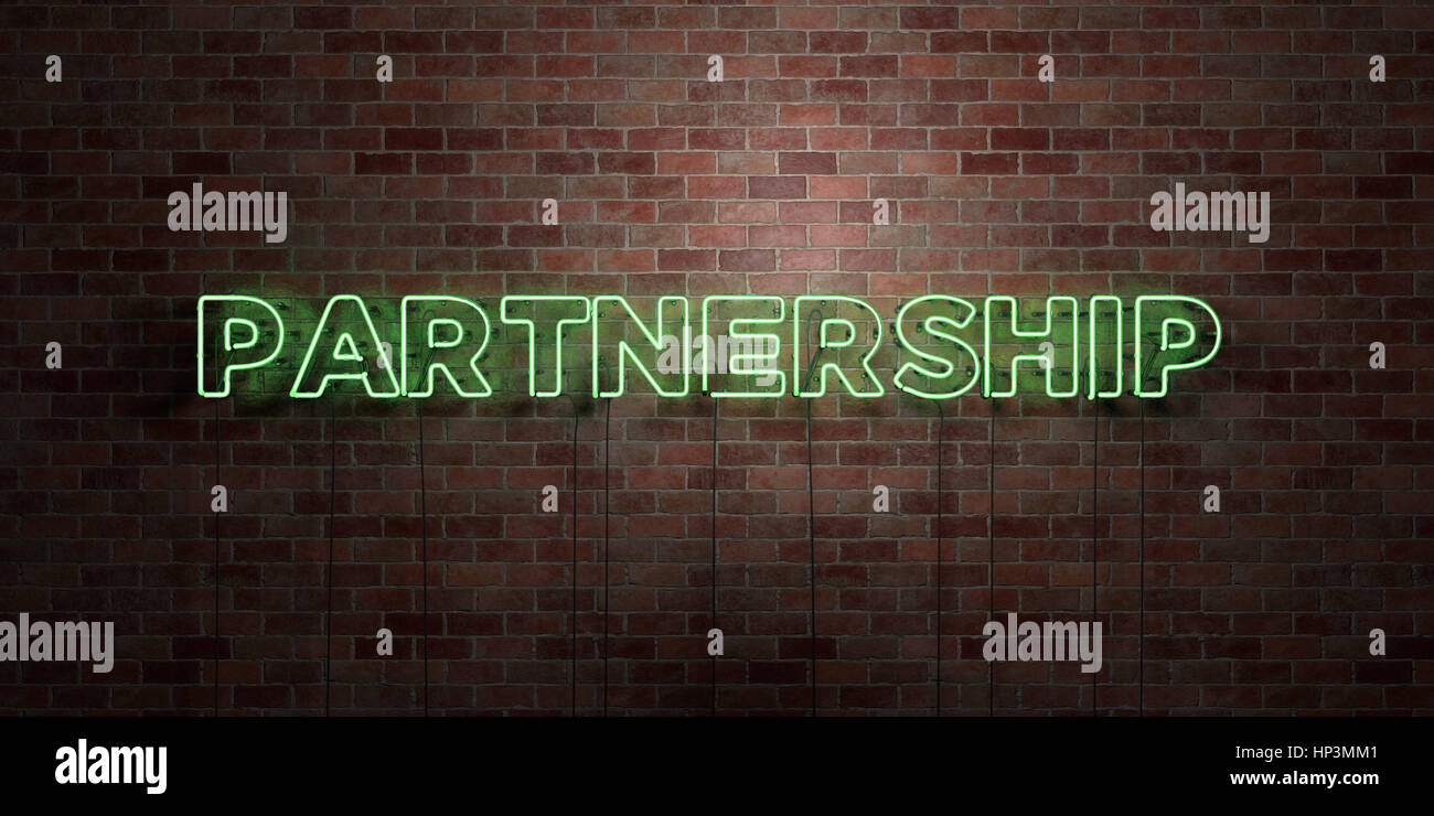 PARTNERSHIP - fluorescent Neon tube Sign on brickwork - Front view - 3D ...