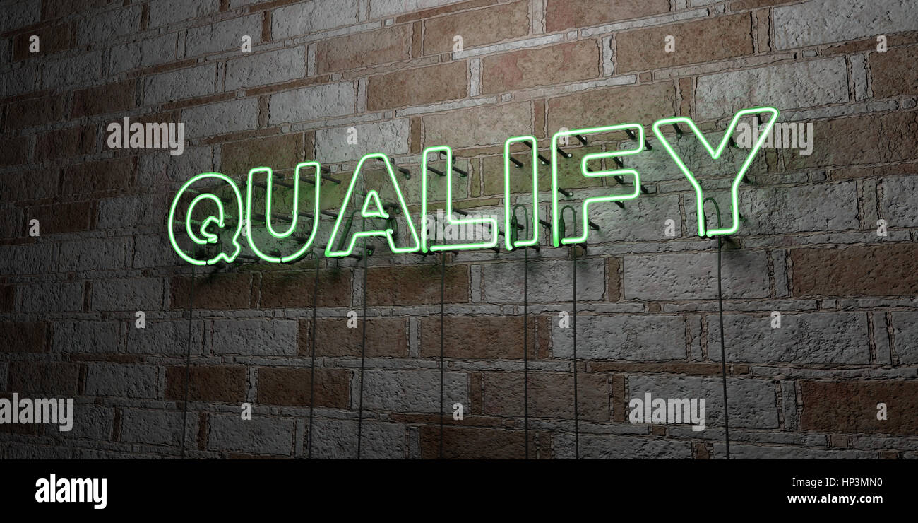 QUALIFY - Glowing Neon Sign on stonework wall - 3D rendered royalty ...
