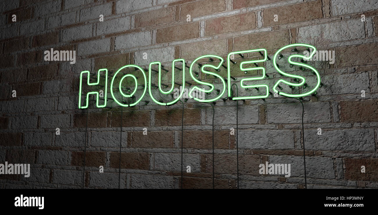 HOUSES - Glowing Neon Sign on stonework wall - 3D rendered royalty free ...