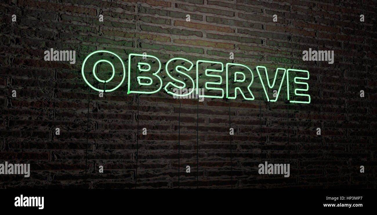 OBSERVE -Realistic Neon Sign on Brick Wall background - 3D rendered ...