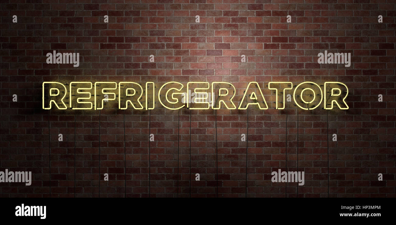 REFRIGERATOR - fluorescent Neon tube Sign on brickwork - Front view ...