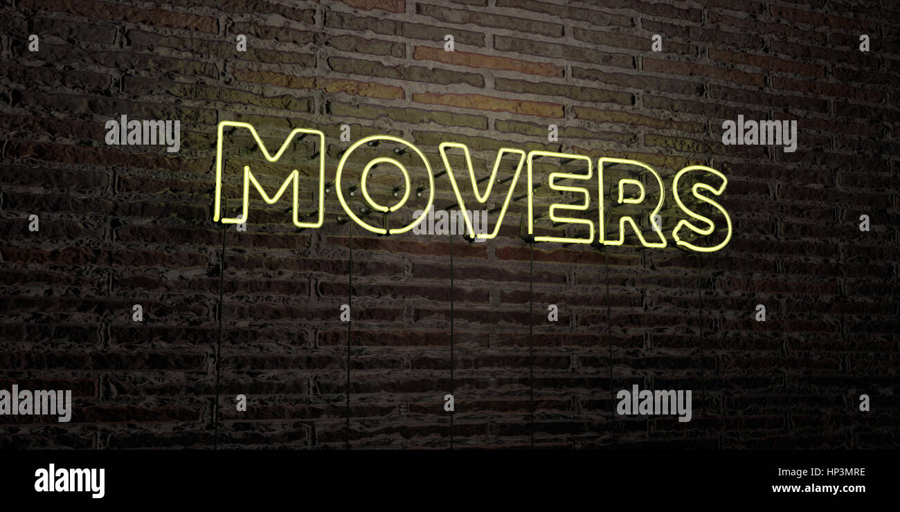MOVERS -Realistic Neon Sign on Brick Wall background - 3D rendered ...