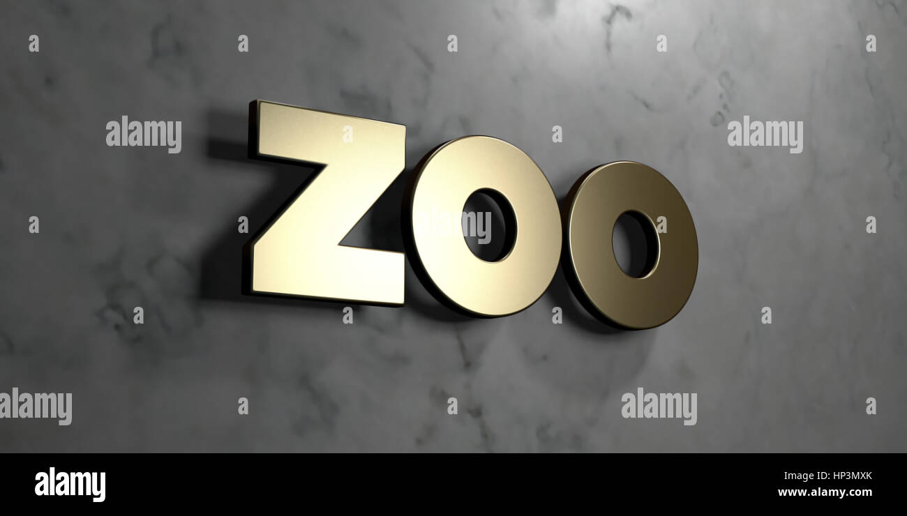 Zoo - Gold sign mounted on glossy marble wall - 3D rendered royalty ...