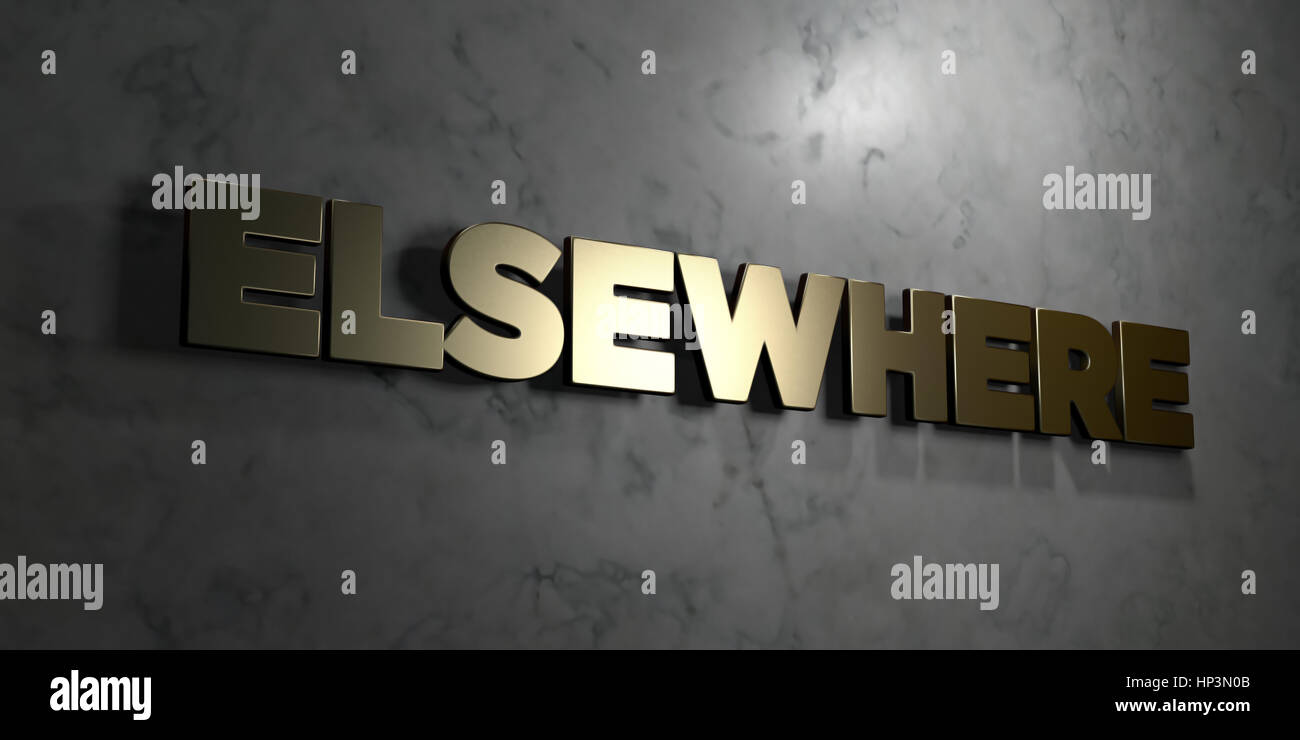 Elsewhere - Gold sign mounted on glossy marble wall - 3D rendered ...