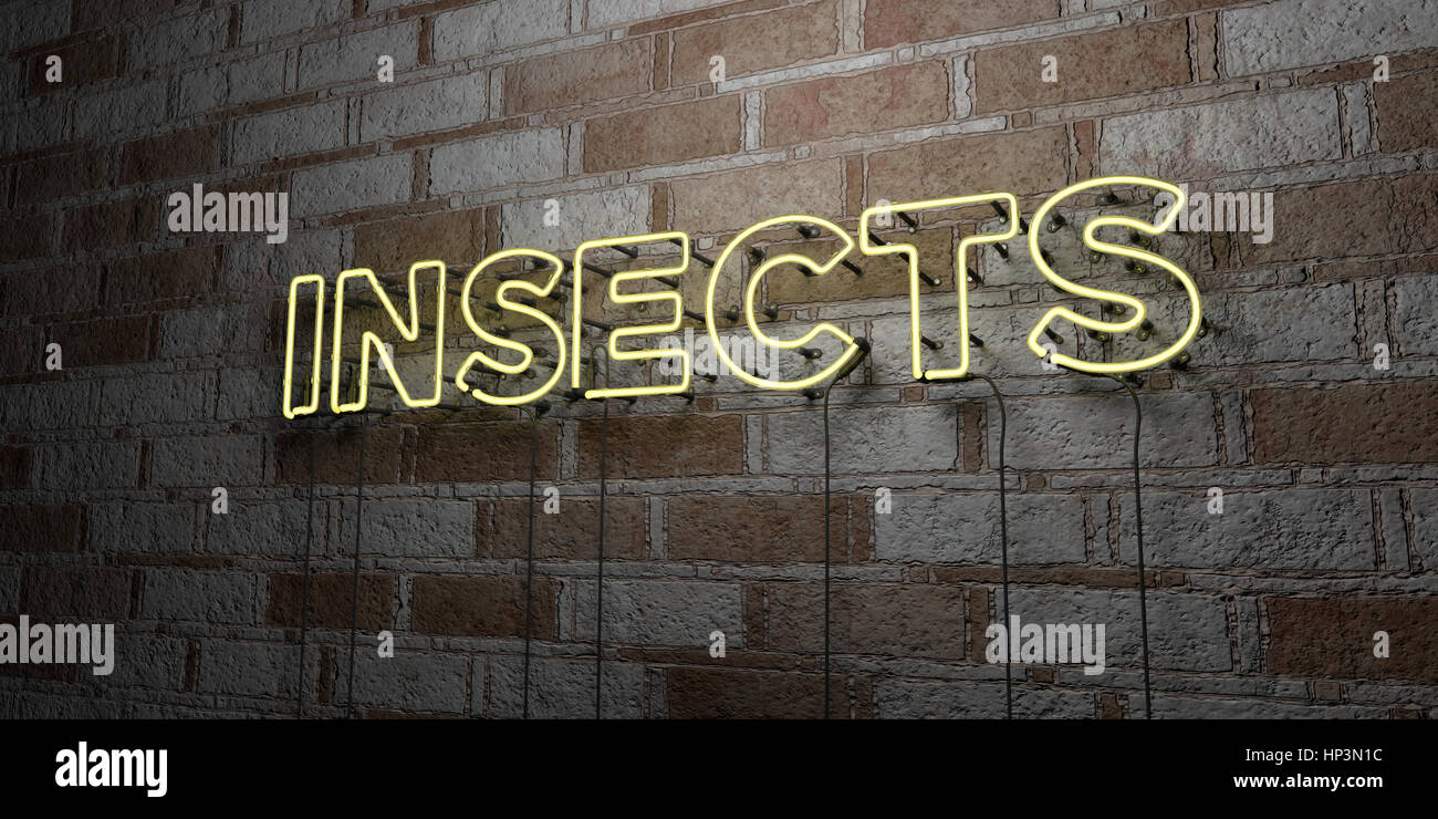 INSECTS - Glowing Neon Sign on stonework wall - 3D rendered royalty ...
