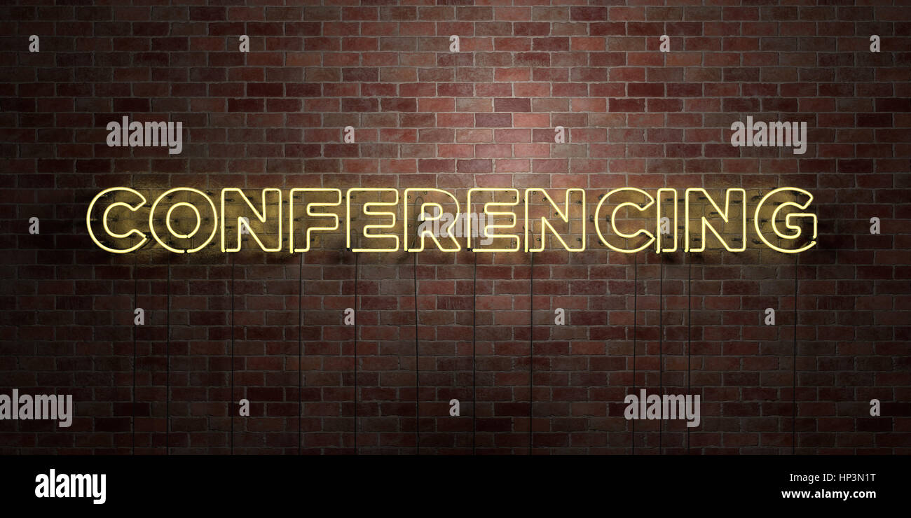 CONFERENCING - fluorescent Neon tube Sign on brickwork - Front view ...
