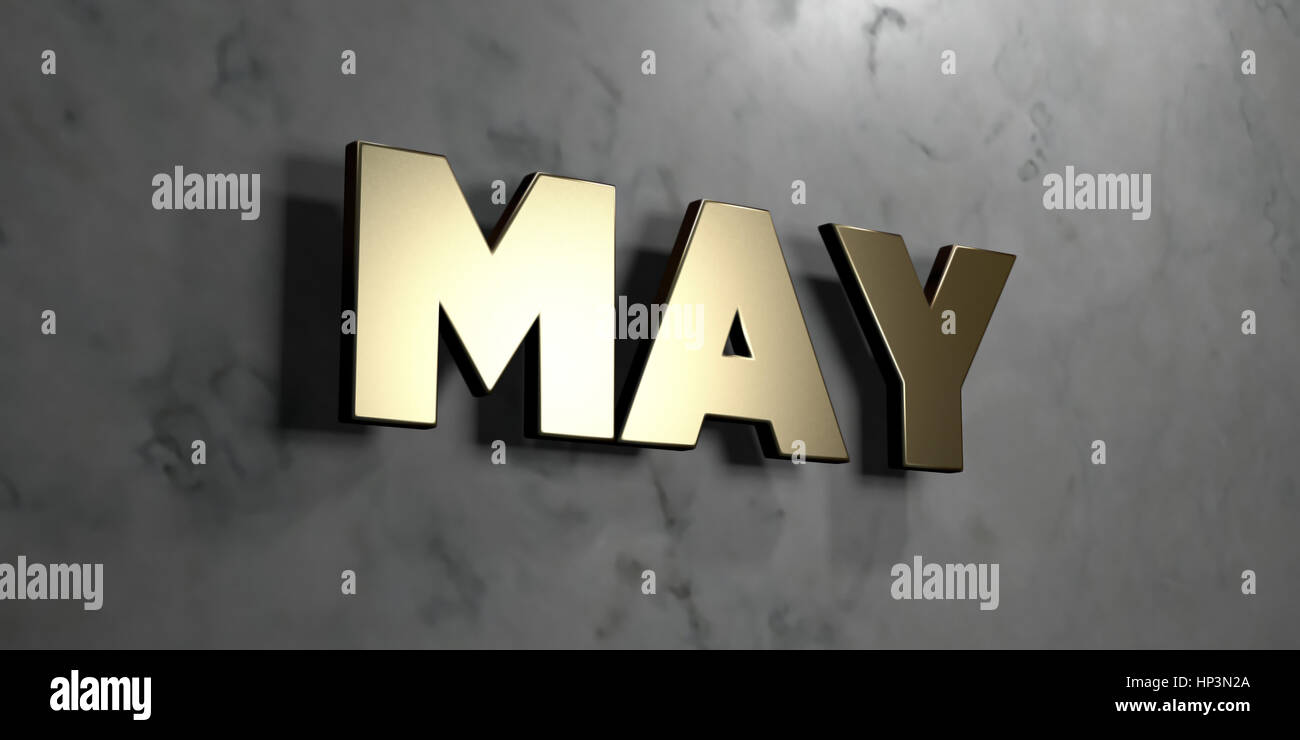 May - Gold sign mounted on glossy marble wall - 3D rendered royalty ...