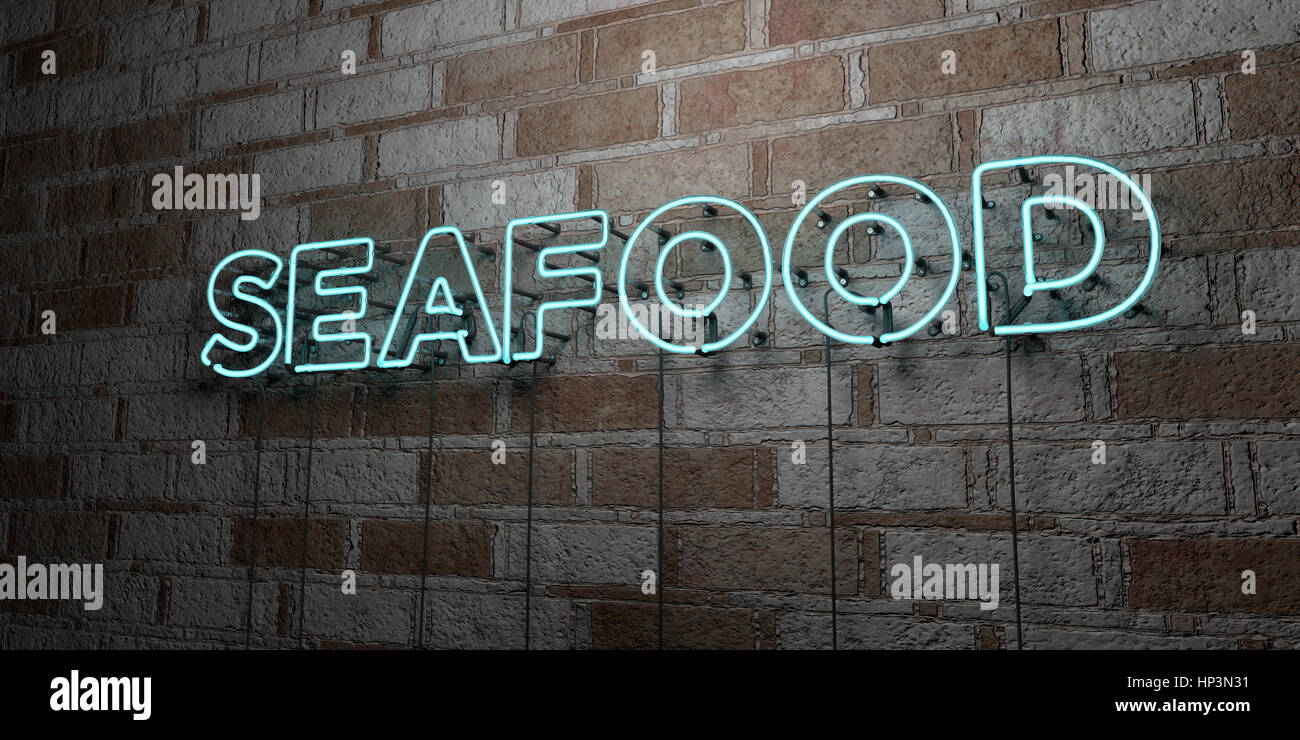 SEAFOOD - Glowing Neon Sign on stonework wall - 3D rendered royalty ...