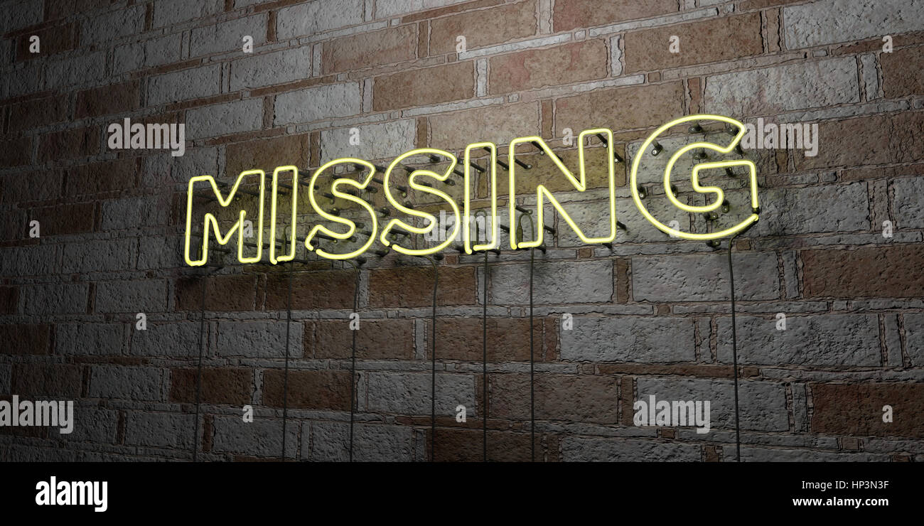 MISSING - Glowing Neon Sign on stonework wall - 3D rendered royalty ...