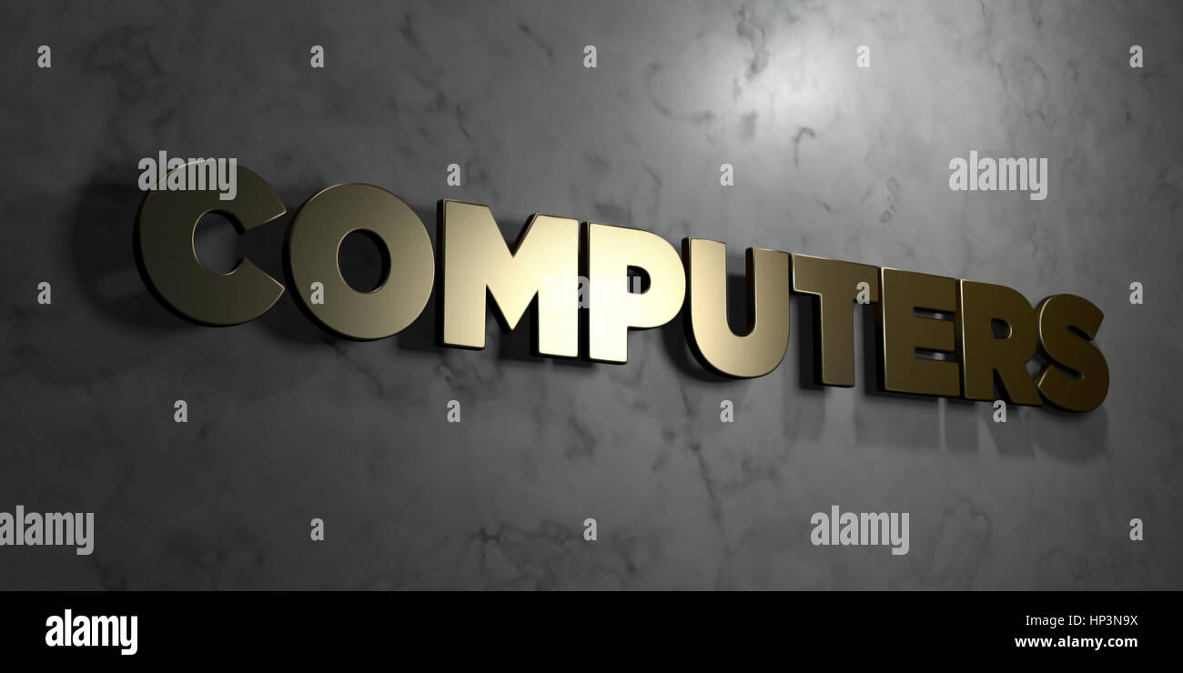 Computers - Gold sign mounted on glossy marble wall - 3D rendered ...